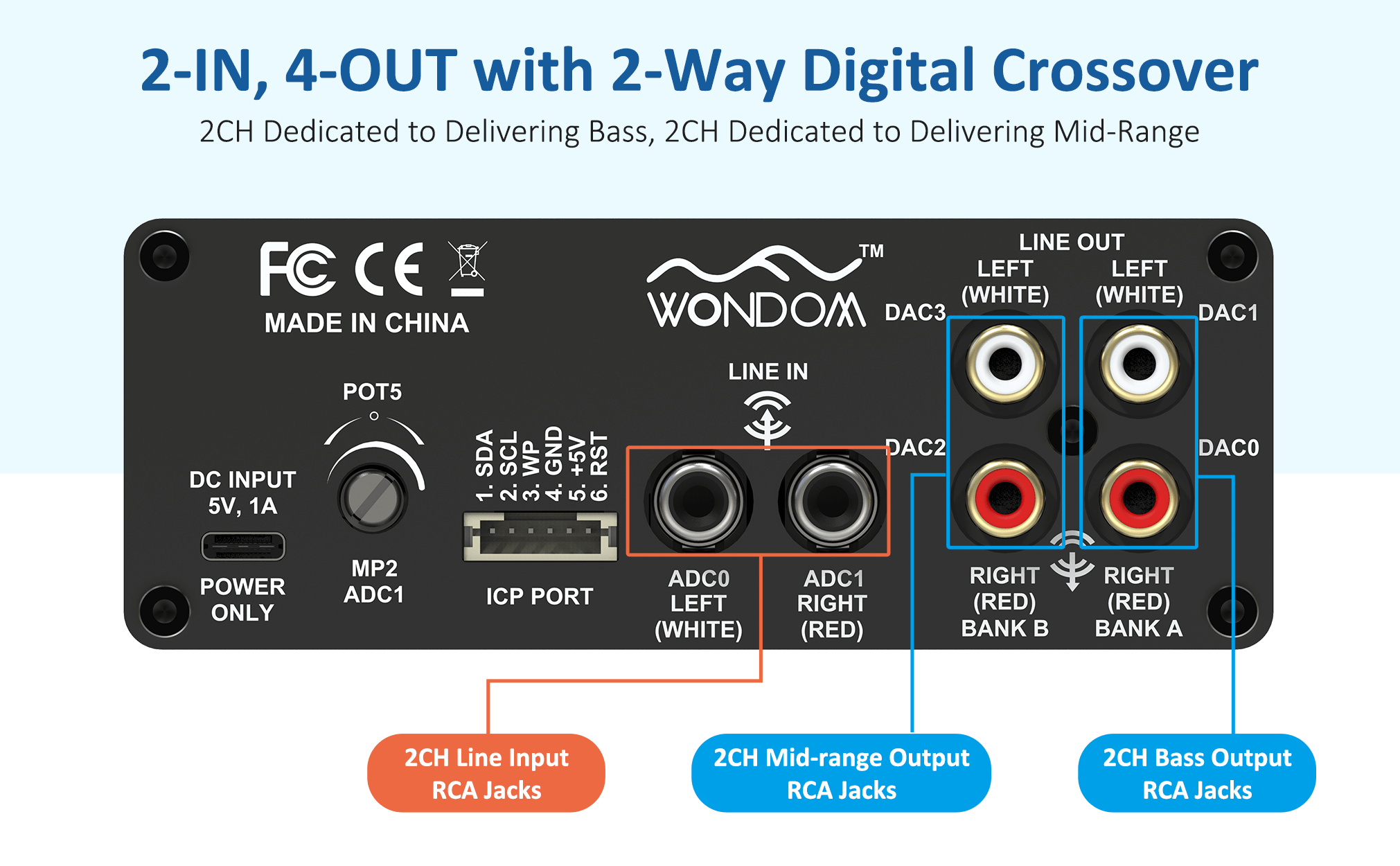 AA-AP23123 Unbalanced 2-In, 4-Out ADAU1701 DSP Preamp 2-Way Digital Crossover