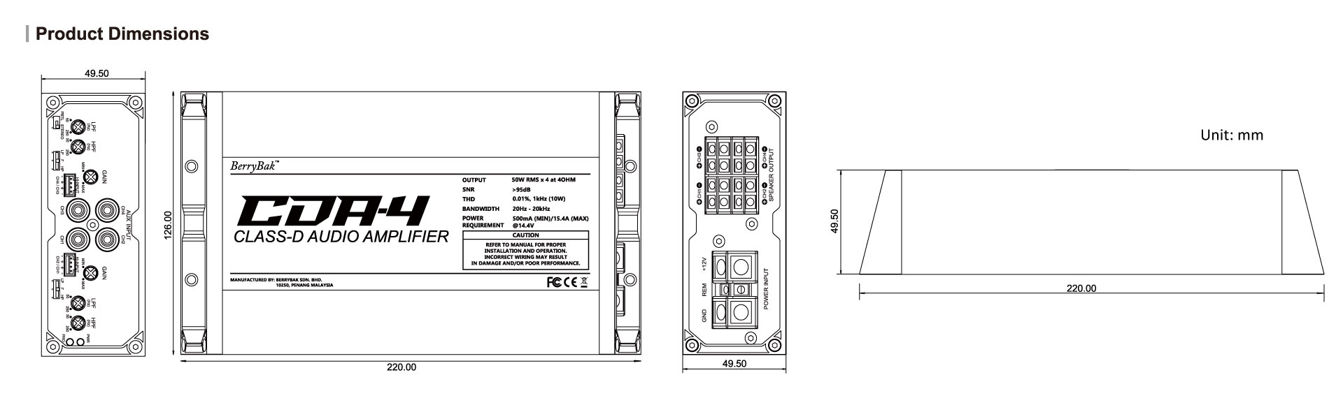 AA-CA32111 CDA-4 4x50W Class D 4.0/2.1 Car Audio Amplifier with LPF/HPF/Gain Control