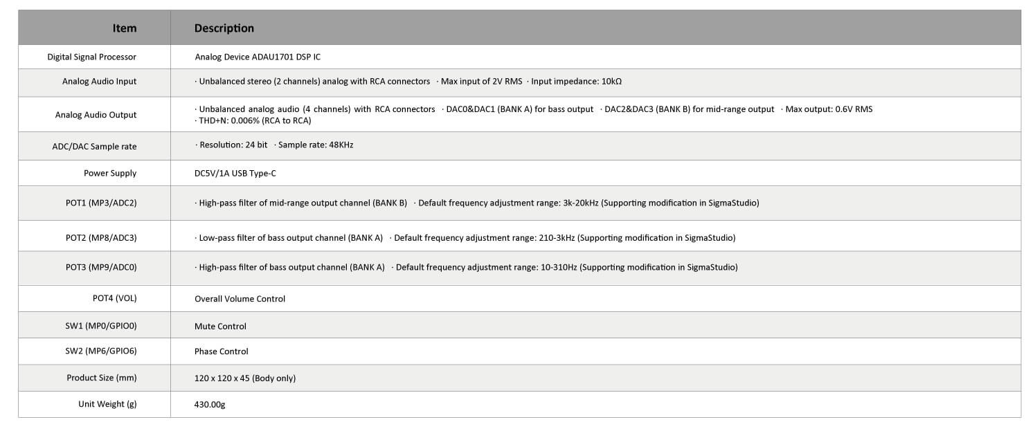 AA-AP23123 Unbalanced 2-In, 4-Out ADAU1701 DSP Preamp 2-Way Digital Crossover